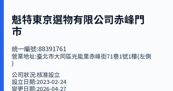 魁特東京選物有限公司赤峰門市的照片-統編 88391761(臺北市) 公司登記資料與營業項目詳細圖表
