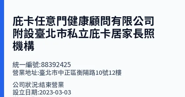 庇卡任意門健康顧問有限公司附設臺北市私立庇卡居家長照機構的照片-統編 88392425(臺北市) 公司登記資料與營業項目詳細圖表