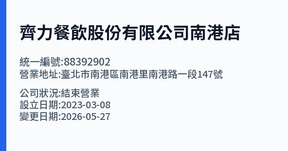 齊力餐飲股份有限公司南港店的照片-統編 88392902(臺北市) 公司登記資料與營業項目詳細圖表