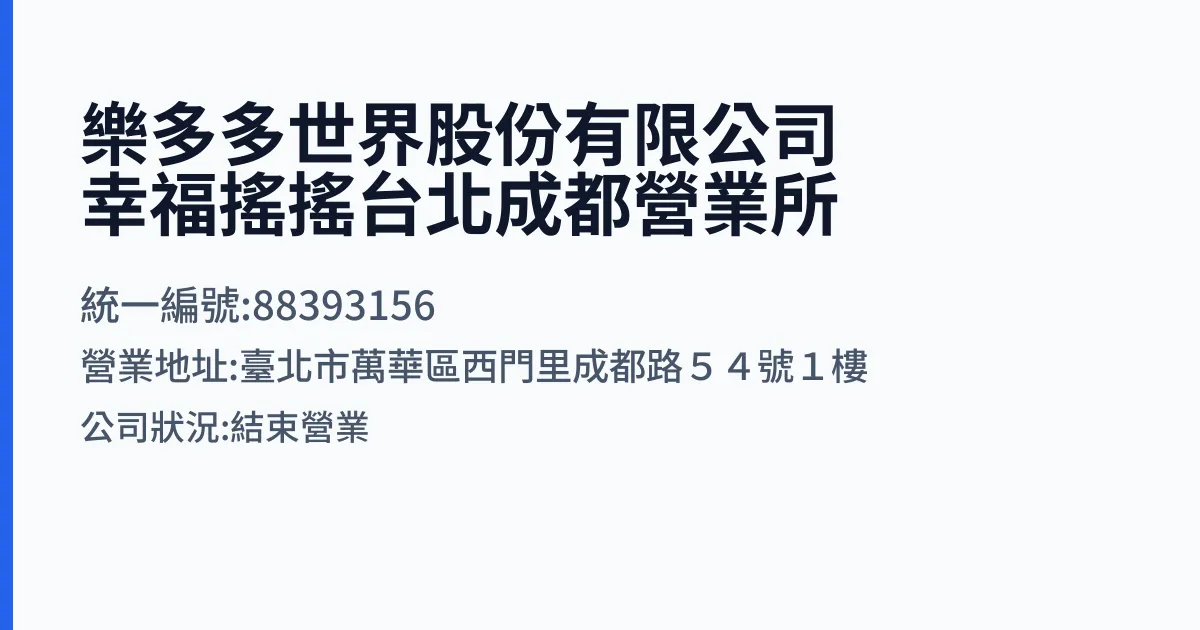 樂多多世界股份有限公司幸福搖搖台北成都營業所 - 統編 88393156(臺北市) 公司登記資料與營業項目詳細圖表