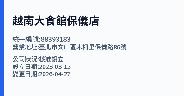 越南大食館保儀店的照片-統編 88393183(臺北市) 公司登記資料與營業項目詳細圖表
