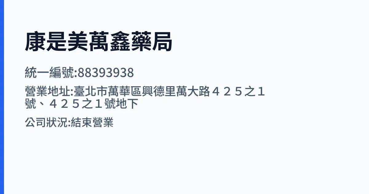 康是美萬鑫藥局 - 統編 88393938(臺北市) 公司登記資料與營業項目詳細圖表