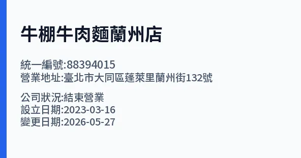 牛棚牛肉麵蘭州店的照片-統編 88394015(臺北市) 公司登記資料與營業項目詳細圖表