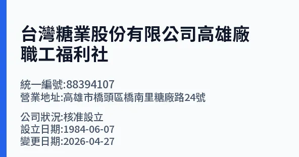 台灣糖業股份有限公司高雄廠職工福利社的照片-統編 88394107(高雄市) 公司登記資料與營業項目詳細圖表