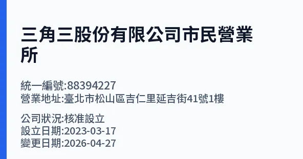 三角三股份有限公司市民營業所的照片-統編 88394227(臺北市) 公司登記資料與營業項目詳細圖表