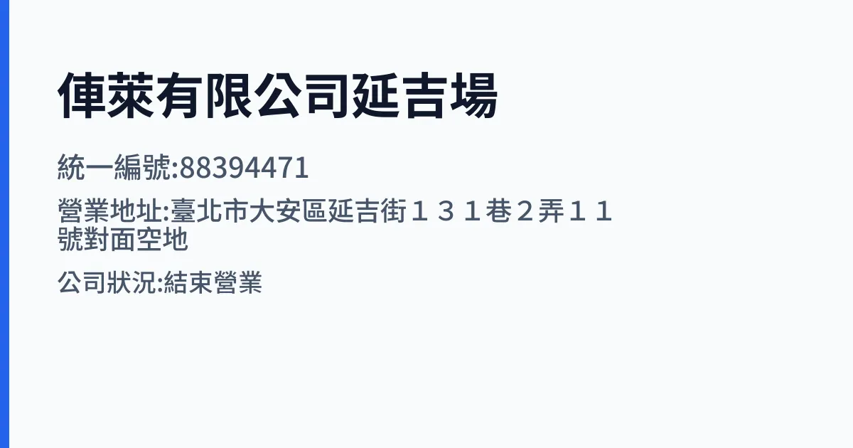 俥萊有限公司延吉場 - 統編 88394471(臺北市) 公司登記資料與營業項目詳細圖表