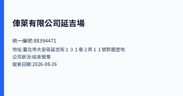 俥萊有限公司延吉場的照片-統編 88394471(臺北市) 公司登記資料與營業項目詳細圖表