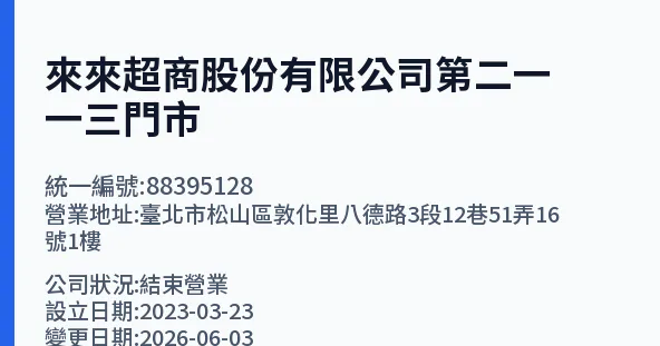 來來超商股份有限公司第二一一三門市的照片-統編 88395128(臺北市) 公司登記資料與營業項目詳細圖表
