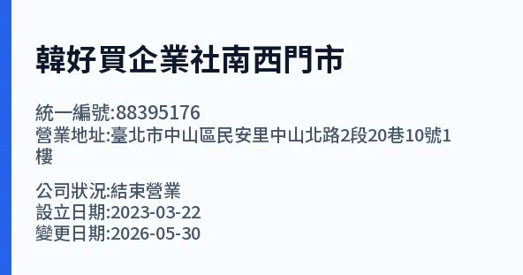 韓好買企業社南西門市的照片-統編 88395176(臺北市) 公司登記資料與營業項目詳細圖表