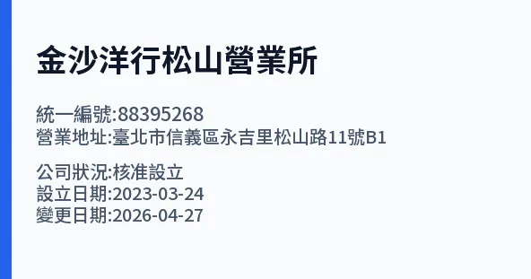 金沙洋行松山營業所的照片-統編 88395268(臺北市) 公司登記資料與營業項目詳細圖表