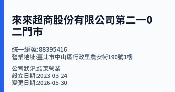來來超商股份有限公司第二一0二門市的照片-統編 88395416(臺北市) 公司登記資料與營業項目詳細圖表