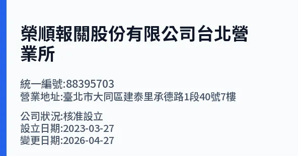 榮順報關股份有限公司台北營業所的照片-統編 88395703(臺北市) 公司登記資料與營業項目詳細圖表