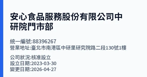 安心食品服務股份有限公司中研院門市部的照片-統編 88396267(臺北市) 公司登記資料與營業項目詳細圖表