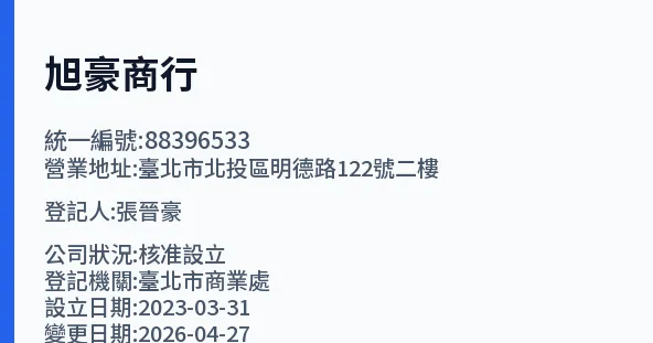 旭豪商行的照片-統編 88396533(臺北市) 公司登記資料與營業項目詳細圖表