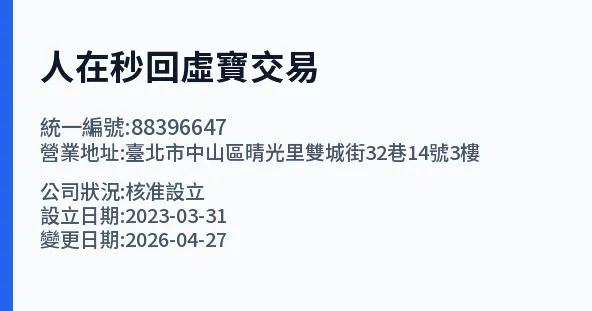 人在秒回虛寶交易的照片-統編 88396647(臺北市) 公司登記資料與營業項目詳細圖表