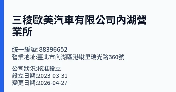 三稜歐美汽車有限公司內湖營業所的照片-統編 88396652(臺北市) 公司登記資料與營業項目詳細圖表