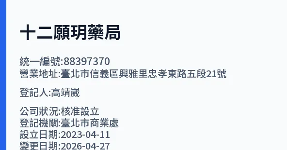 十二願玥藥局的照片-統編 88397370(臺北市) 公司登記資料與營業項目詳細圖表