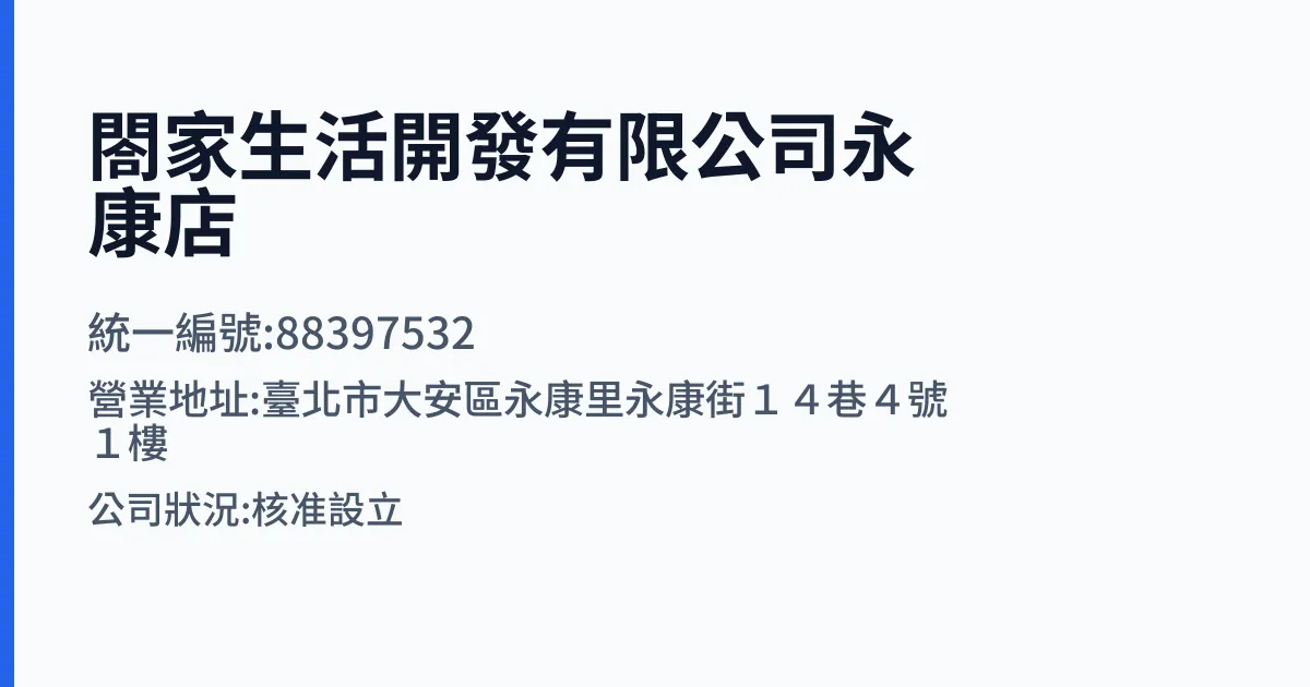 閤家生活開發有限公司永康店 - 統編 88397532(臺北市) 公司登記資料與營業項目詳細圖表