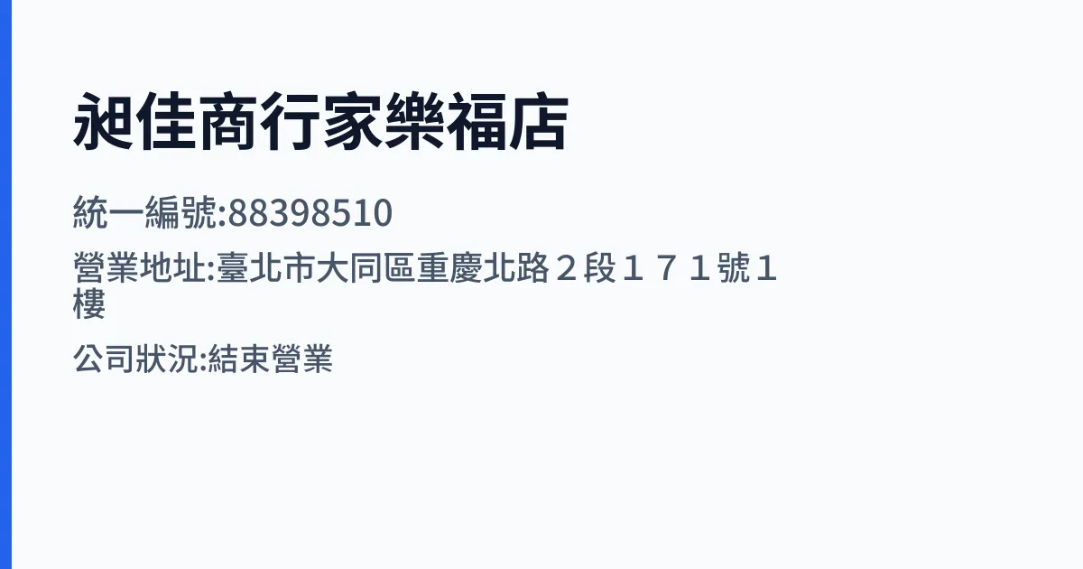 昶佳商行家樂福店 - 統編 88398510(臺北市) 公司登記資料與營業項目詳細圖表