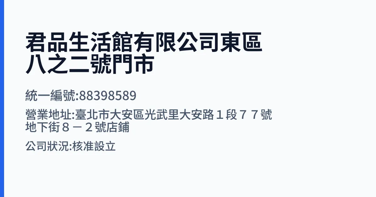 君品生活館有限公司東區八之二號門市 - 統編 88398589(臺北市) 公司登記資料與營業項目詳細圖表