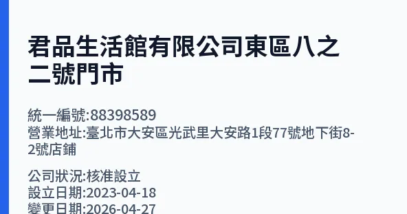 君品生活館有限公司東區八之二號門市的照片-統編 88398589(臺北市) 公司登記資料與營業項目詳細圖表