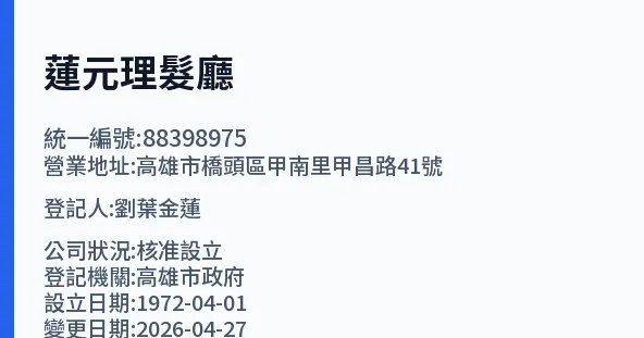 蓮元理髮廳的照片-統編 88398975(高雄市) 公司登記資料與營業項目詳細圖表