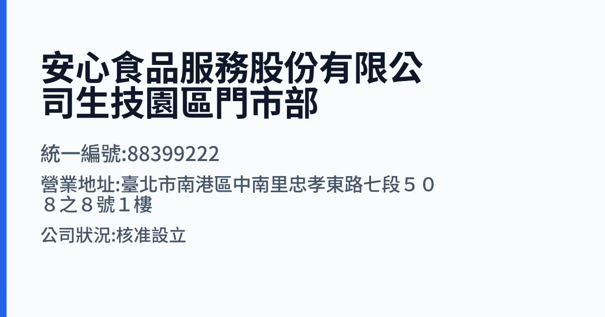 安心食品服務股份有限公司生技園區門市部 - 統編 88399222(臺北市) 公司登記資料與營業項目詳細圖表