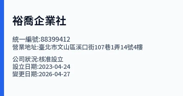 裕喬企業社的照片-統編 88399412(臺北市) 公司登記資料與營業項目詳細圖表