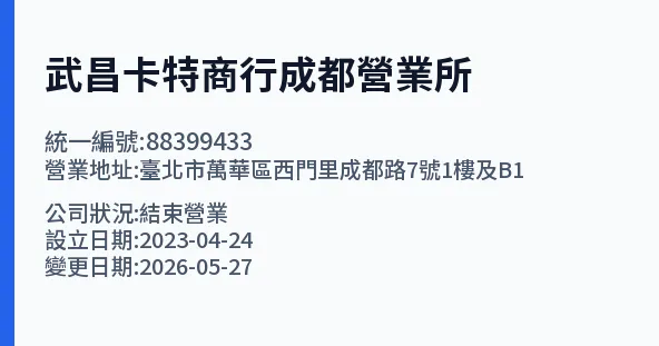 武昌卡特商行成都營業所的照片-統編 88399433(臺北市) 公司登記資料與營業項目詳細圖表