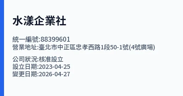 水漾企業社的照片-統編 88399601(臺北市) 公司登記資料與營業項目詳細圖表