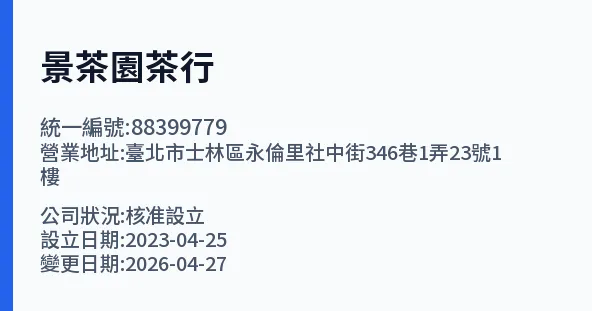 景茶園茶行的照片-統編 88399779(臺北市) 公司登記資料與營業項目詳細圖表