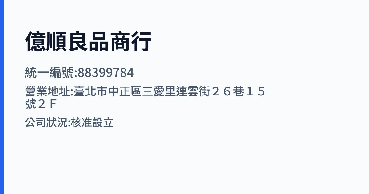 億順良品商行 - 統編 88399784(臺北市) 公司登記資料與營業項目詳細圖表