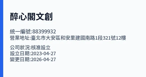 醉心閣文創的照片-統編 88399932(臺北市) 公司登記資料與營業項目詳細圖表