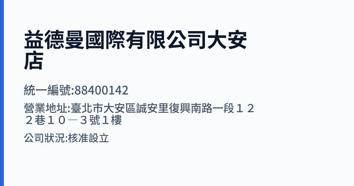 益德曼國際有限公司大安店 - 統編 88400142 (臺北市) 公司登記資料與營業項目詳細圖表