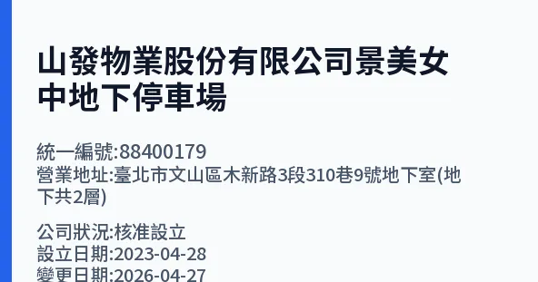山發物業股份有限公司景美女中地下停車場的照片-統編 88400179(臺北市) 公司登記資料與營業項目詳細圖表