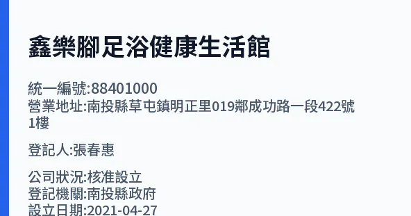 鑫樂腳足浴健康生活館的照片-統編 88401000(南投縣) 公司登記資料與營業項目詳細圖表