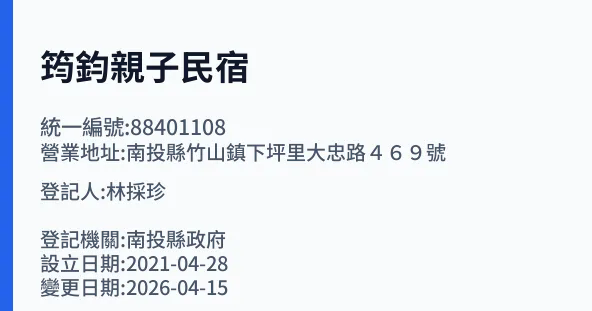 筠鈞親子民宿的照片-統編 88401108(南投縣) 公司登記資料與營業項目詳細圖表