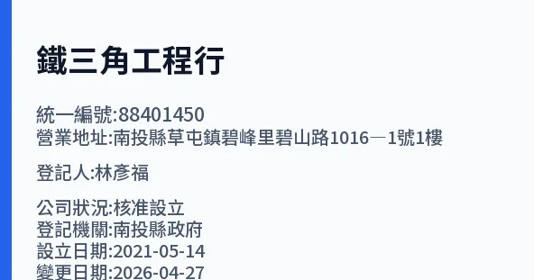 鐵三角工程行的照片-統編 88401450(南投縣) 公司登記資料與營業項目詳細圖表