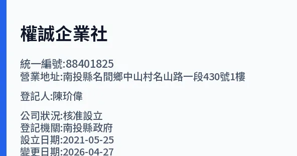 權誠企業社的照片-統編 88401825(南投縣) 公司登記資料與營業項目詳細圖表