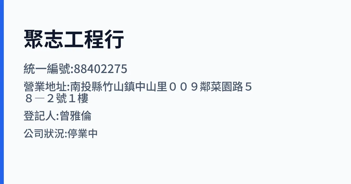聚志工程行 - 統編 88402275(南投縣) 公司登記資料與營業項目詳細圖表