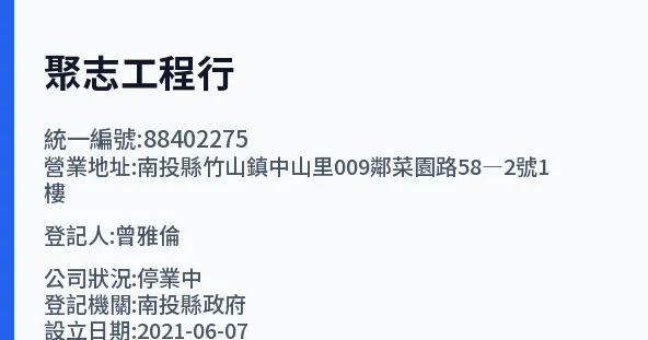 聚志工程行的照片-統編 88402275(南投縣) 公司登記資料與營業項目詳細圖表