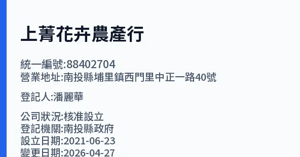 上菁花卉農產行的照片-統編 88402704(南投縣) 公司登記資料與營業項目詳細圖表