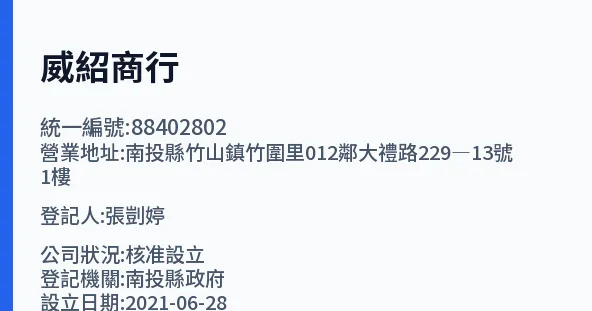 威紹商行的照片-統編 88402802(南投縣) 公司登記資料與營業項目詳細圖表