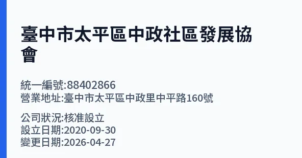 臺中市太平區中政社區發展協會的照片-統編 88402866(臺中市) 公司登記資料與營業項目詳細圖表