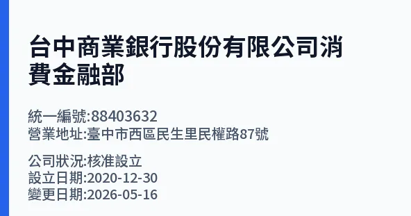 台中商業銀行股份有限公司消費金融部的照片-統編 88403632(臺中市) 公司登記資料與營業項目詳細圖表