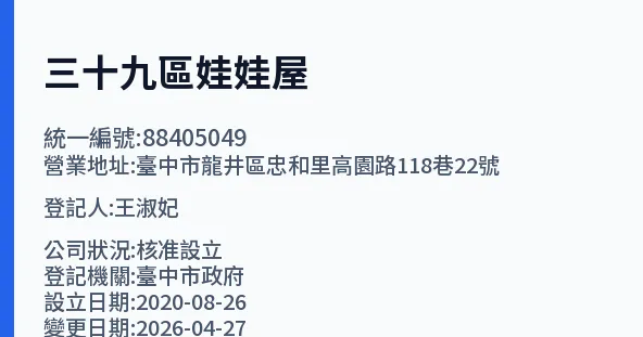 三十九區娃娃屋的照片-統編 88405049(臺中市) 公司登記資料與營業項目詳細圖表