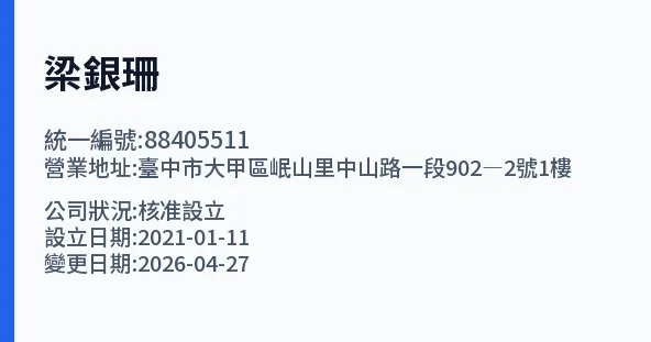 梁銀珊的照片-統編 88405511(臺中市) 公司登記資料與營業項目詳細圖表