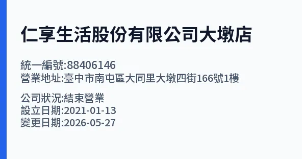 仁享生活股份有限公司大墩店的照片-統編 88406146(臺中市) 公司登記資料與營業項目詳細圖表