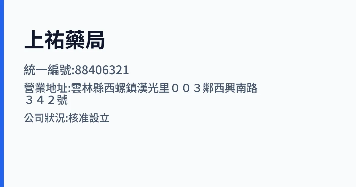 上祐藥局 - 統編 88406321(雲林縣) 公司登記資料與營業項目詳細圖表