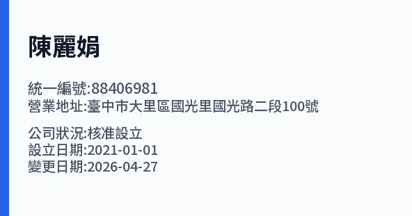 陳麗娟的照片-統編 88406981(臺中市) 公司登記資料與營業項目詳細圖表